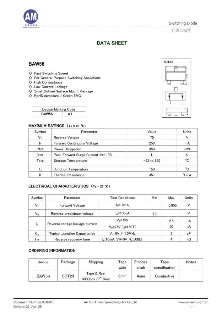BAW56 datasheet page 1