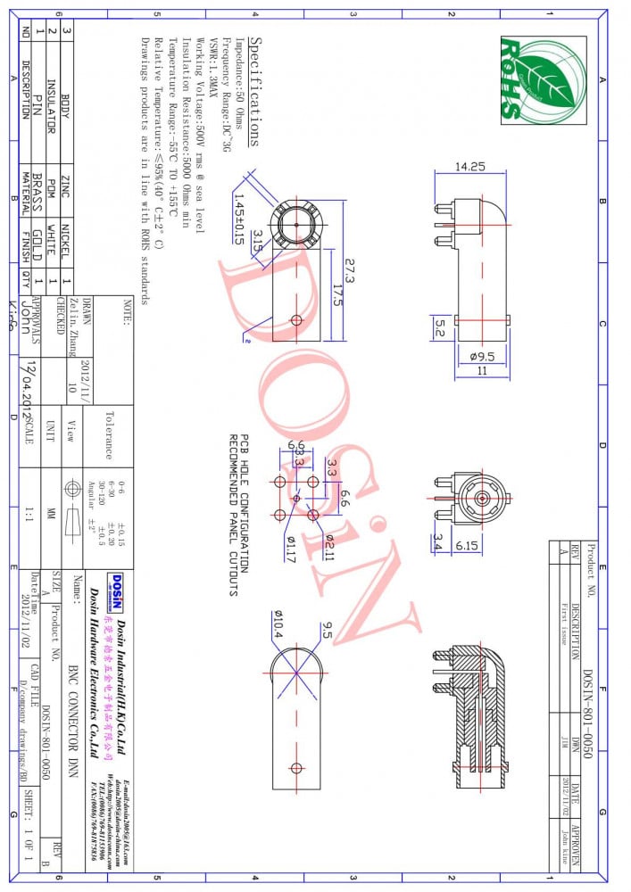 DOSIN-801-0050 technical drawing page 1