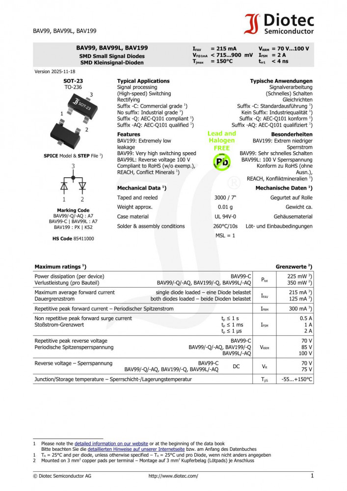 BAV99-C technical document page 1