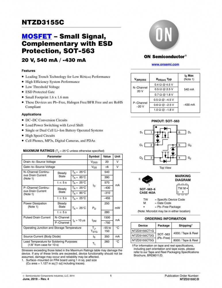 NTZD3155CT1G datasheet page 1
