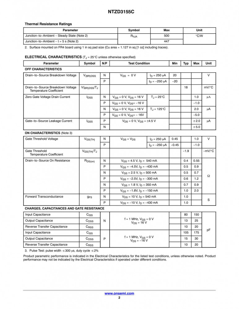 NTZD3155CT1G datasheet page 2