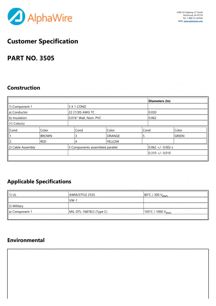 Alpha Wire 3505 technical document page 1
