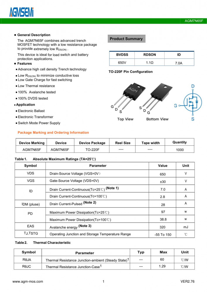 AGM7N65F datasheet page 1