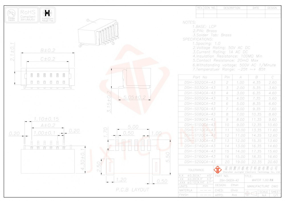 DSH-S03QCA-43 technical drawing and specifications