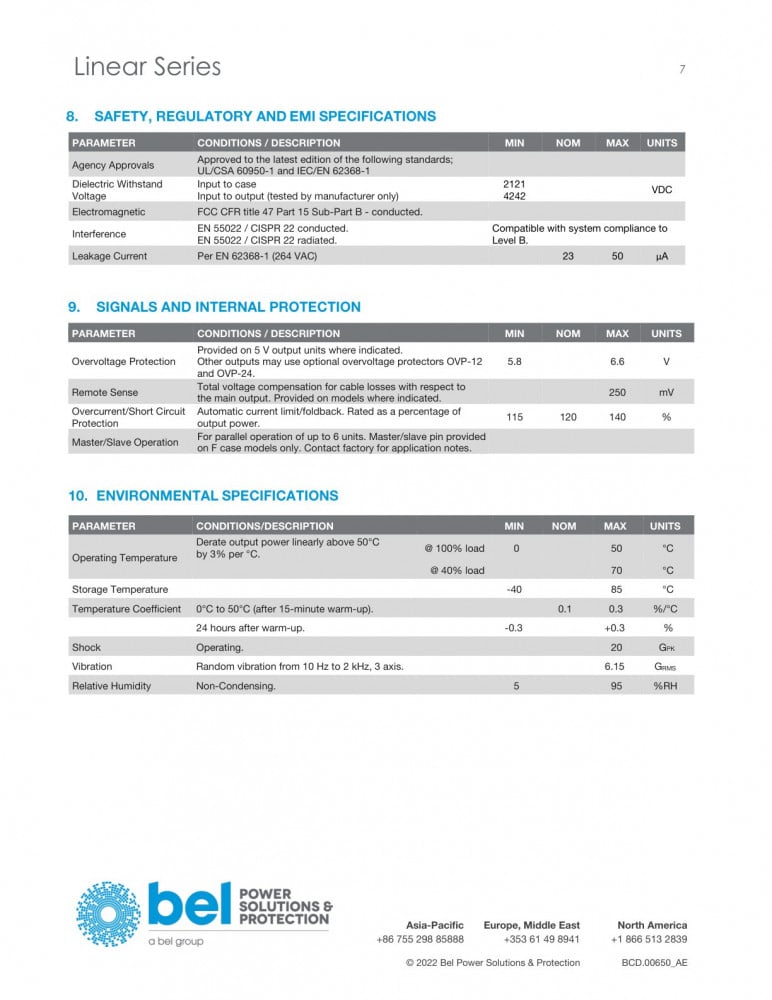 Bel Fuse linear power supply datasheet page 7