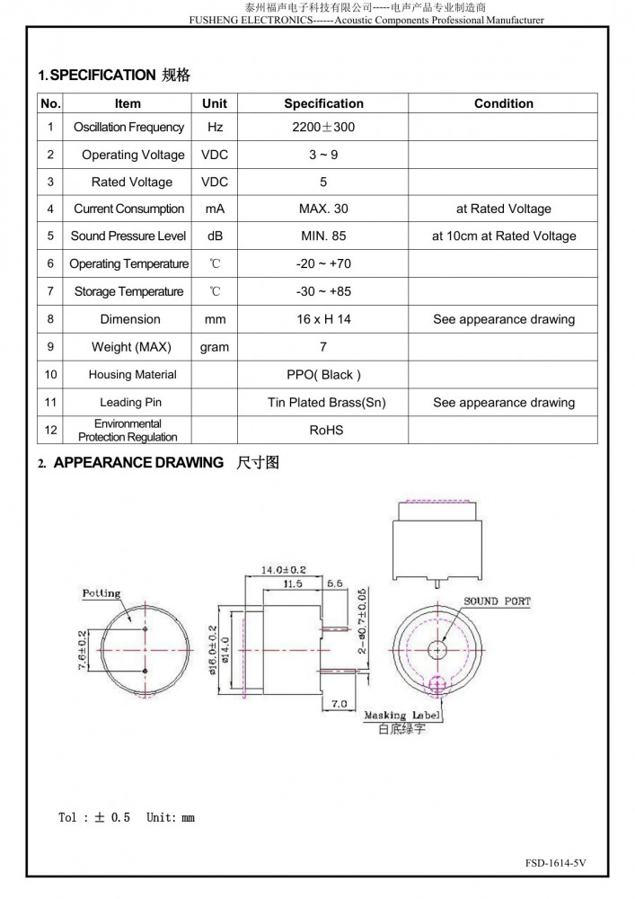 FSD-1614-5V appearance drawing page