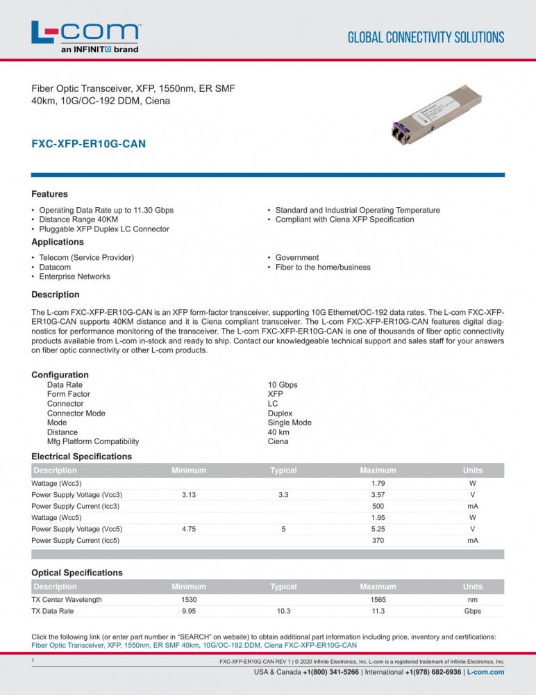FXC-XFP-ER10G-CAN datasheet page 1