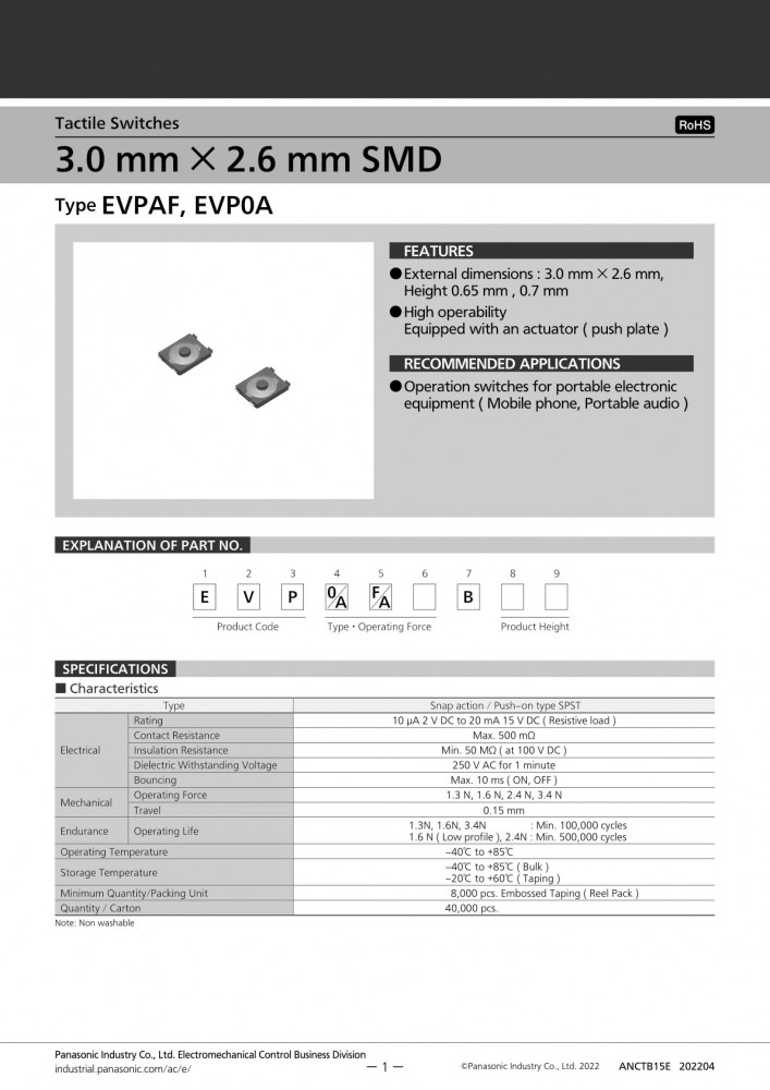 Panasonic tactile switch catalog page 2