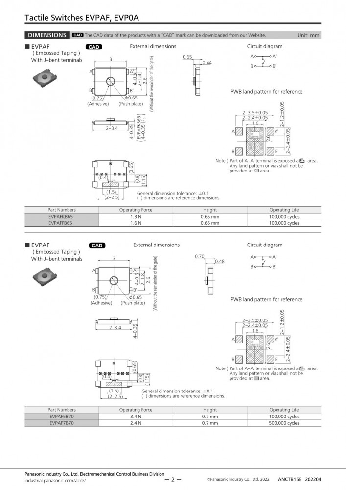 Panasonic tactile switch catalog page 3