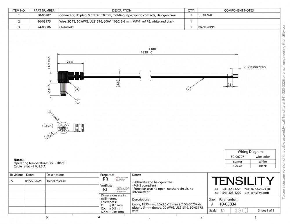 10-05834 product drawing and wiring information
