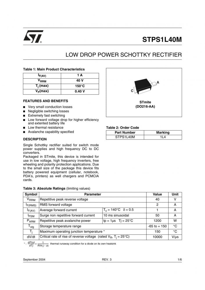 STPS1L40M datasheet page 1