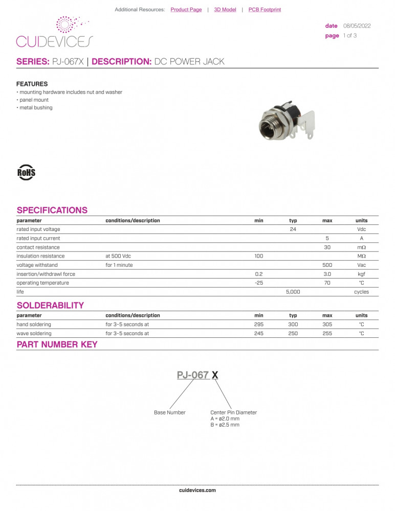 CUI PJ-067A datasheet page 1