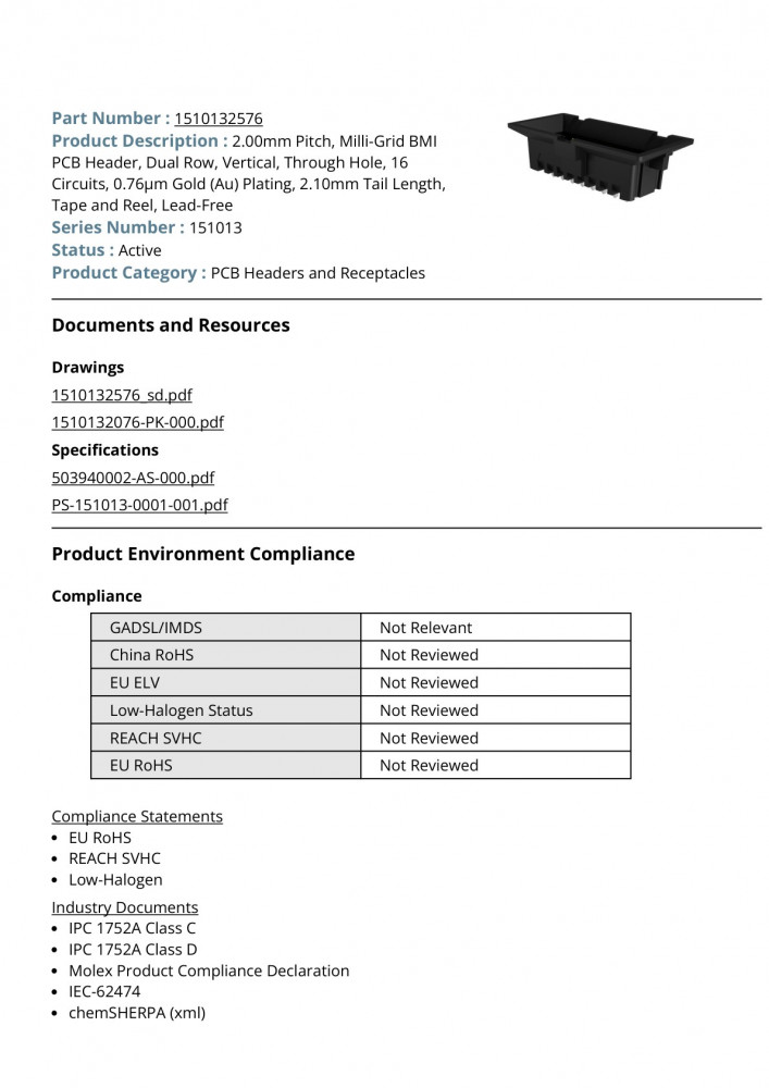 Molex Milli-Grid BMI vertical header specification, page image 1