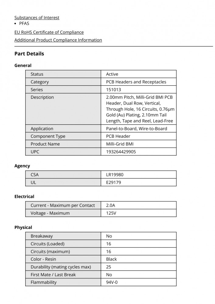 Molex Milli-Grid BMI vertical header specification, page image 2