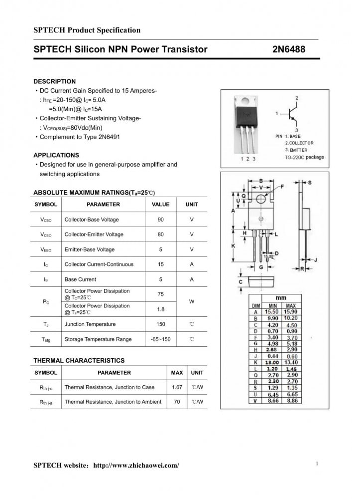 2N6488 SPTECH datasheet page 1