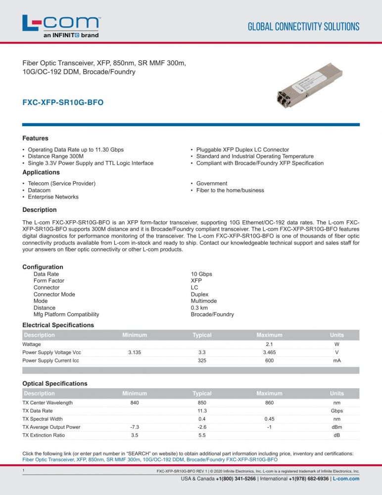 FXC-XFP-SR10G-BFO datasheet page 1