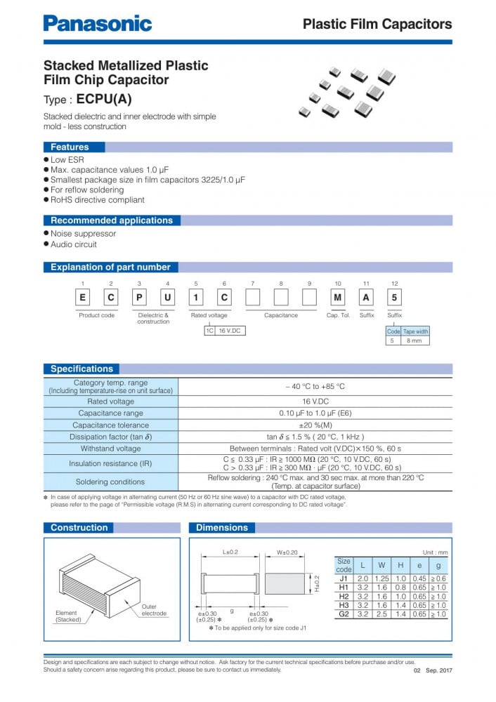 PANASONIC ECPU(A) capacitor specification page