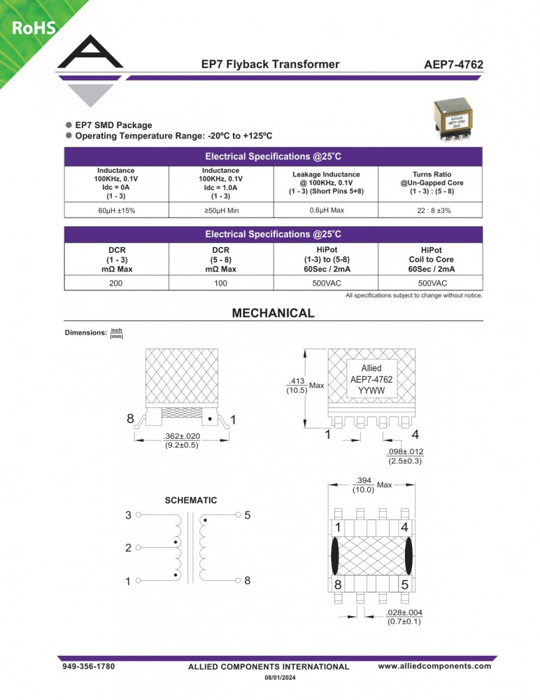 AEP7-4762 EP7 SMD transformer product documentation page