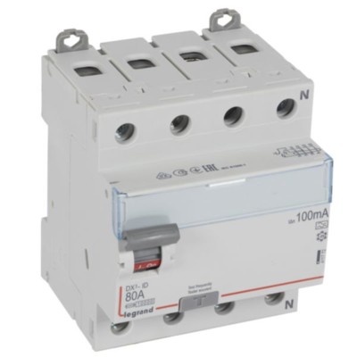 RCD DX³-ID - 4P 400V~ neutral right-hand side - 40A RCCB type A - 500mA sensitivity - 4-module DIN rail IP20