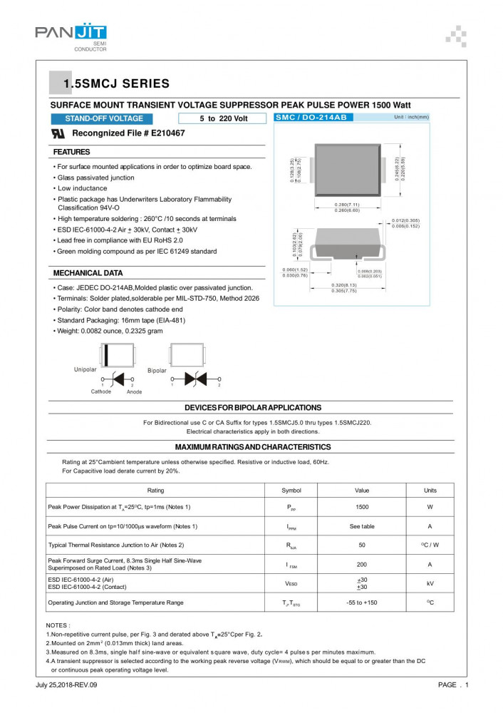 PANJIT 1.5SMCJ series datasheet page 1