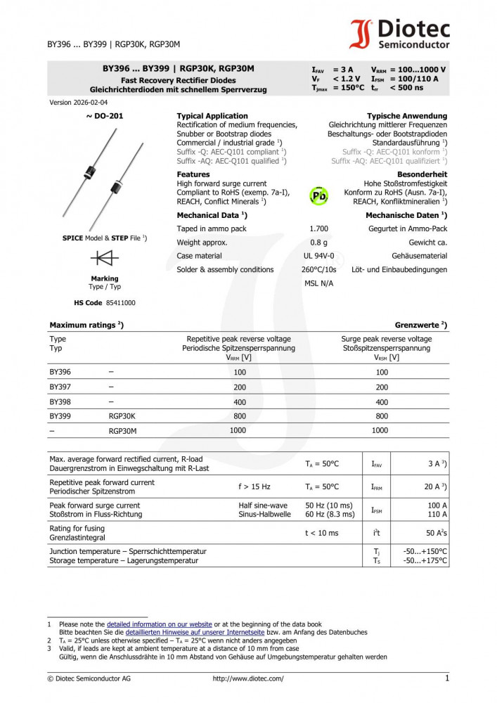 DIOTEC BY398 datasheet page image 1