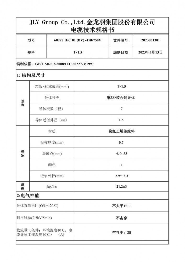BV-1.5(B) technical specification document page
