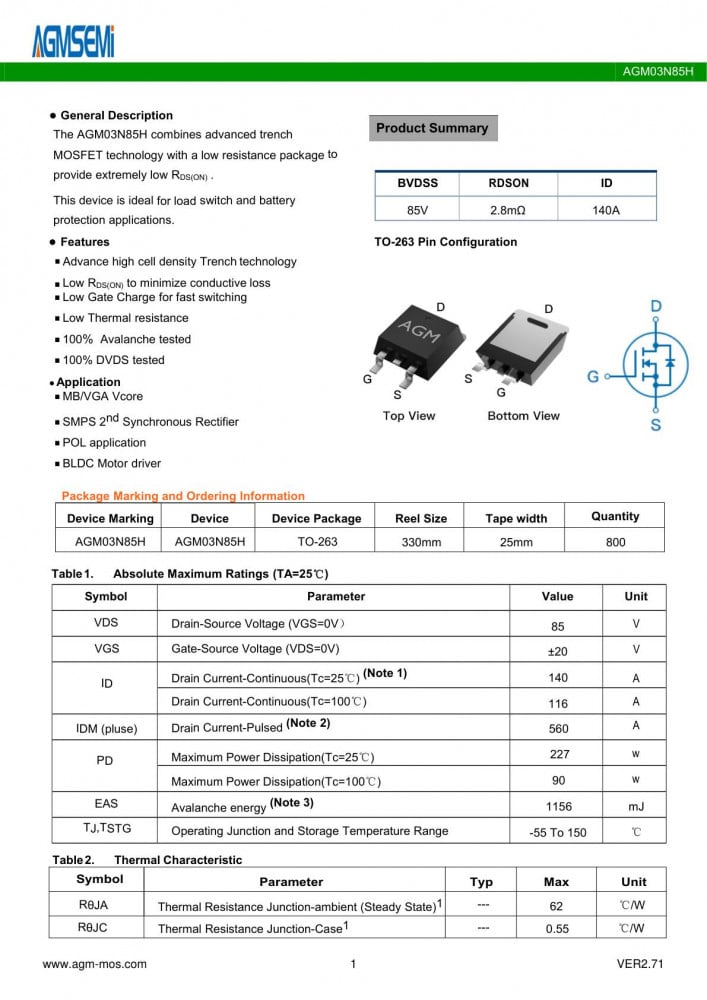AGM03N85H datasheet page 1