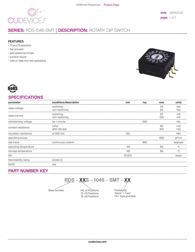 CUI RDS-10S-1045-SMT datasheet page 1