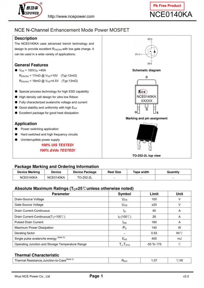 NCE0140KA datasheet page 1