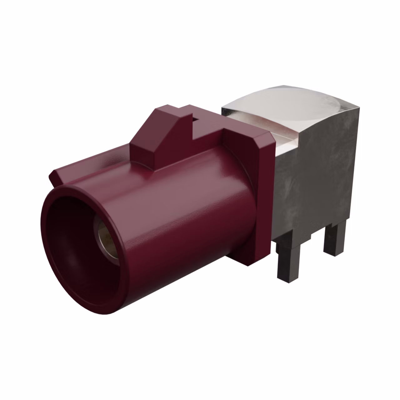 FAKRA Jack, Right-Angle, PCB Receptacle, Through Hole, Brass Body, Tin (Sn) Plated, Keying Code D, Bordeaux Violet, Tape and Reel, 50 Ohms for sale