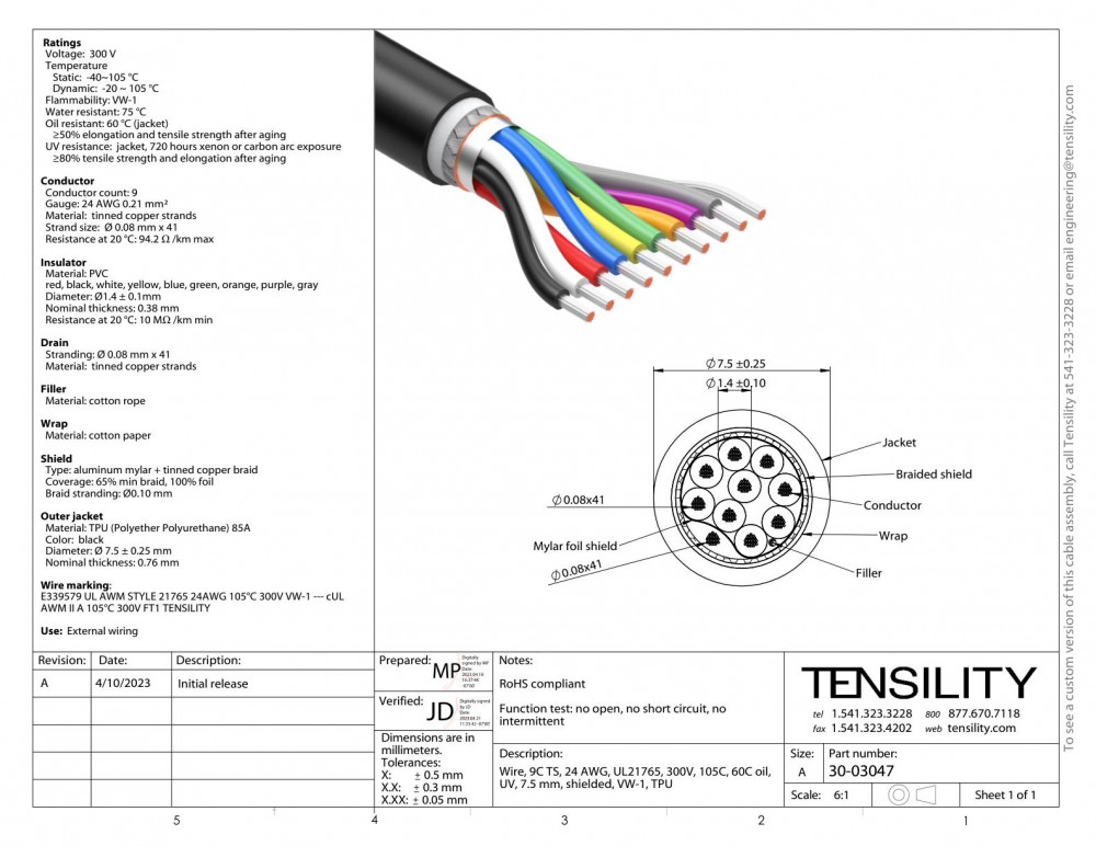 Tensility International 30-03047 cable drawing and specification image