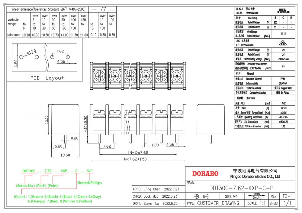DORABO DBT30C-7.62 terminal block technical drawing
