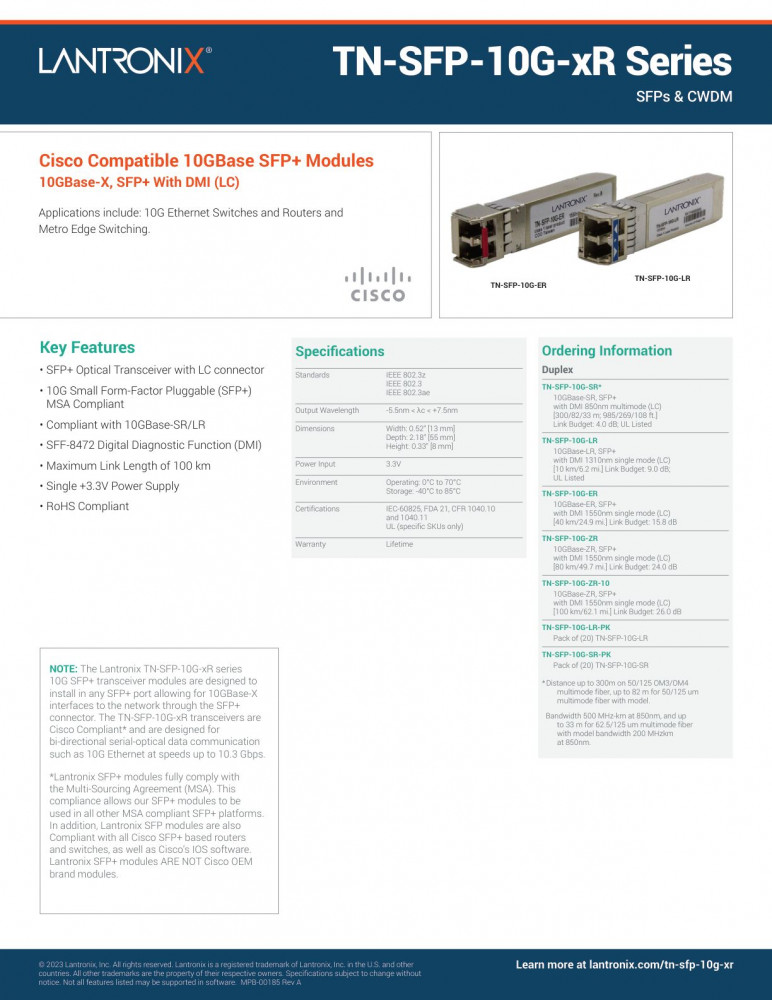 Lantronix TN-SFP-10G-xR series product document preview