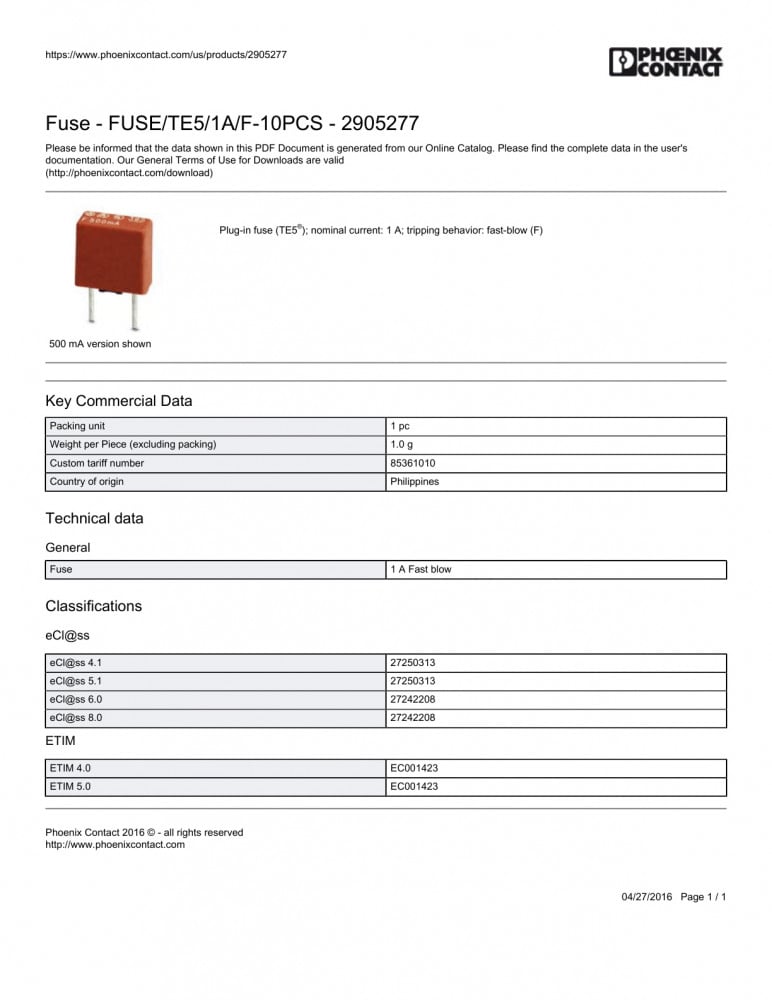 Phoenix Contact 2905277 technical document preview