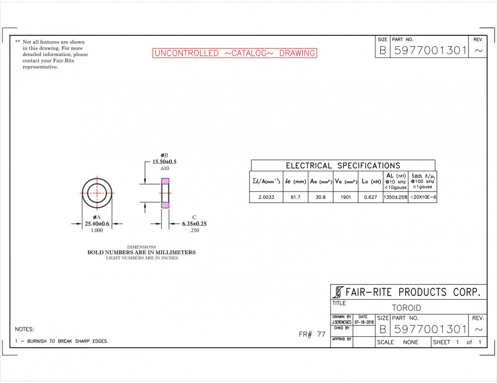 Fair-Rite 5977001301 technical document preview
