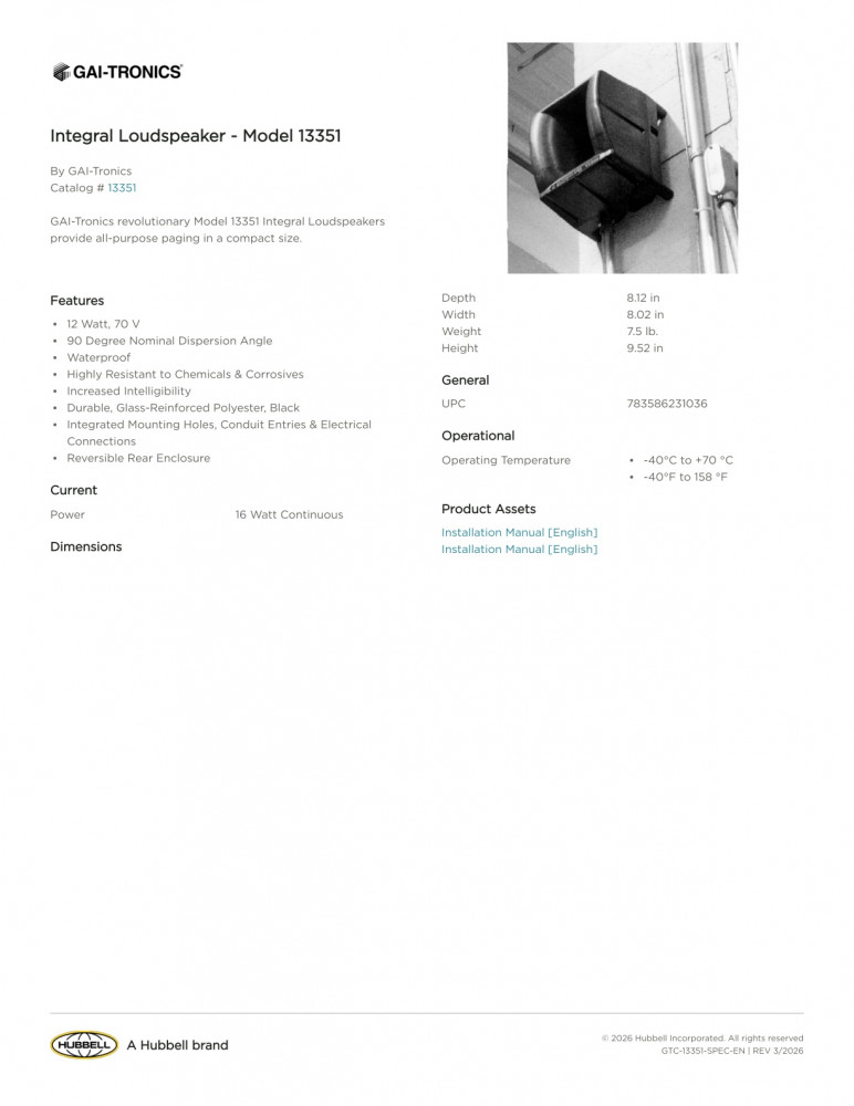 GAI-Tronics Model 13351 product documentation preview