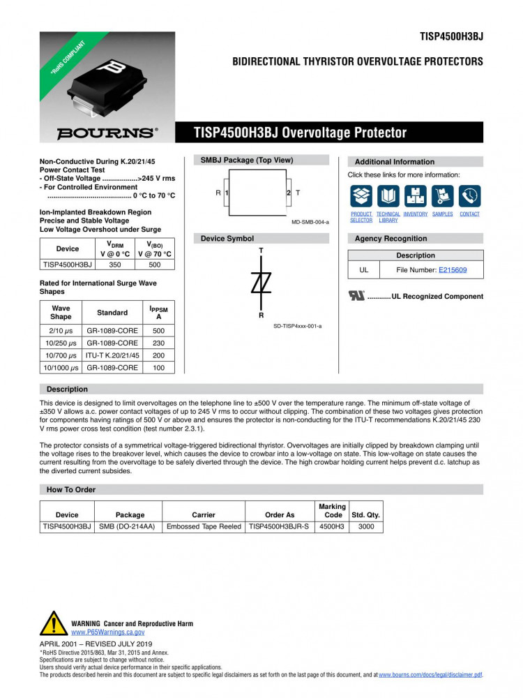 TISP4500H3BJ datasheet page 1
