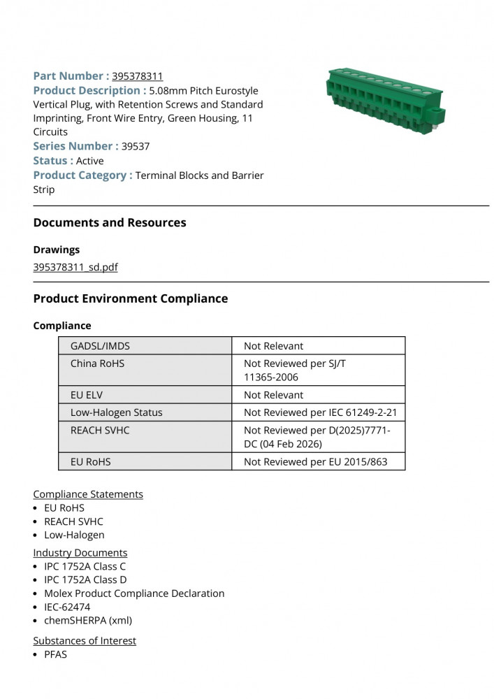 MOLEX 39537 series customer drawing, page 1