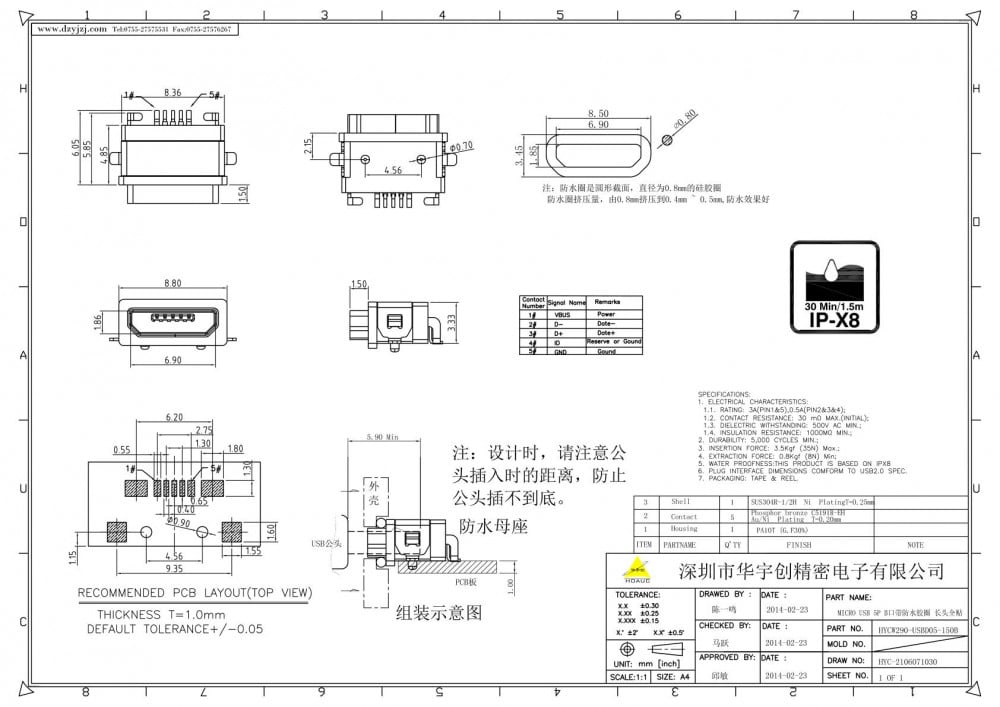 HYCW290-USBD05-150B technical document page