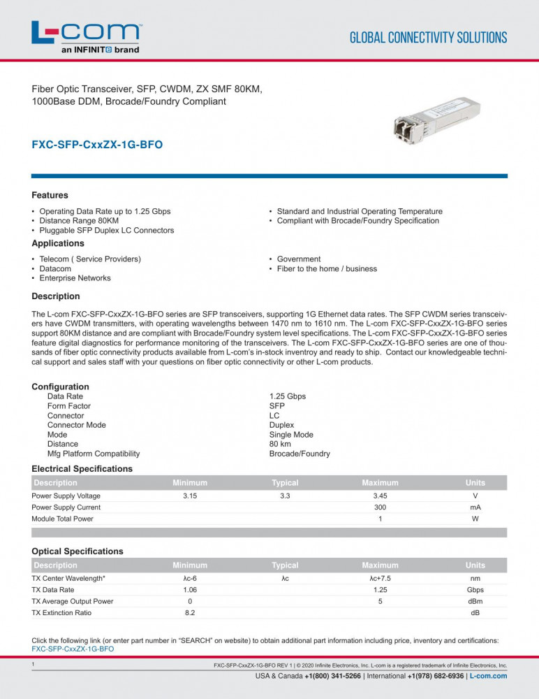 FXC-SFP-C47ZX-1G-BFO datasheet page 1