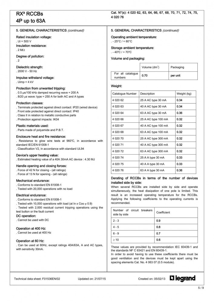 Legrand RX³ RCCB datasheet page 5