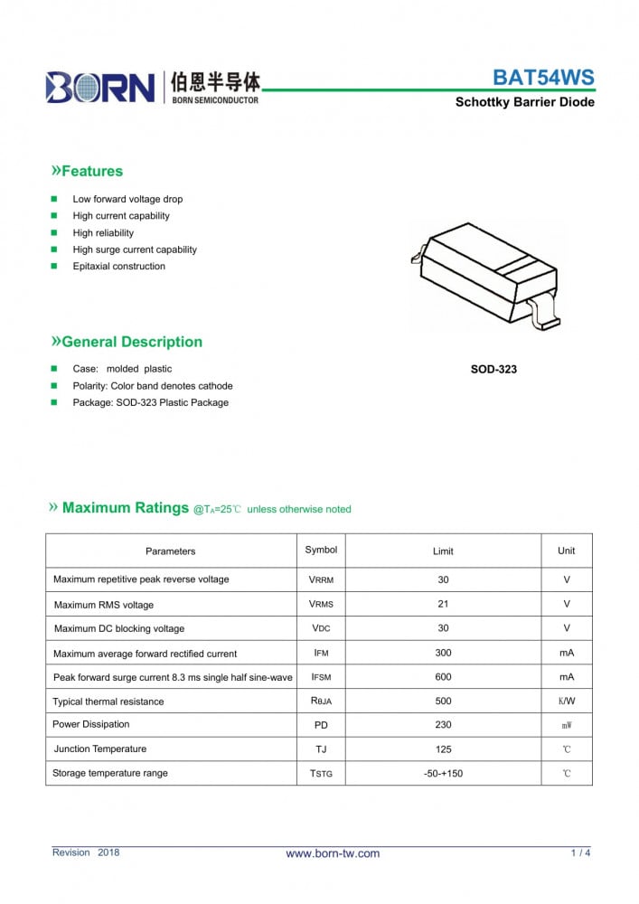 BAT54WS datasheet page 1