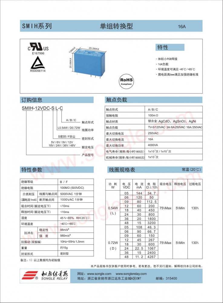SMIH relay datasheet page 1