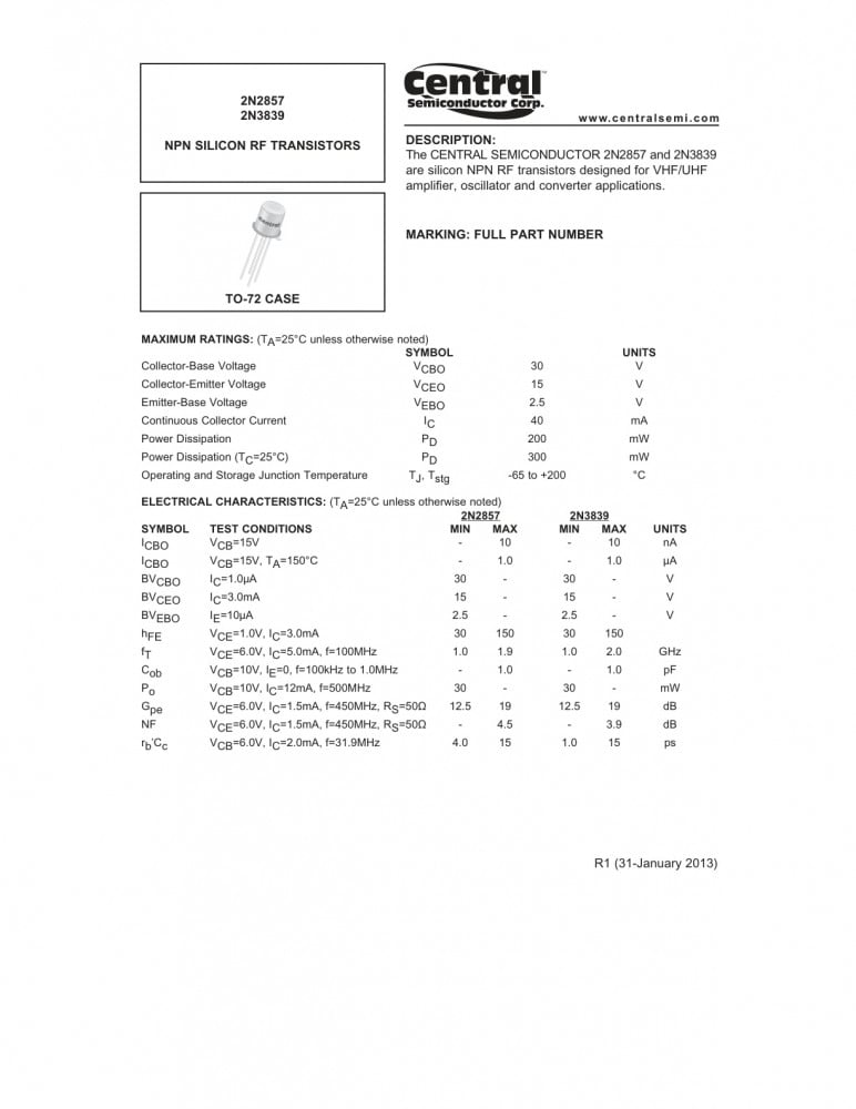 2N2857 and 2N3839 RF transistor datasheet page 1
