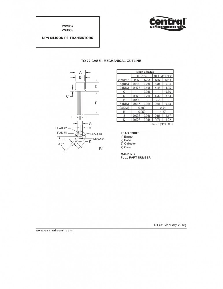 2N2857 TO-72 mechanical outline