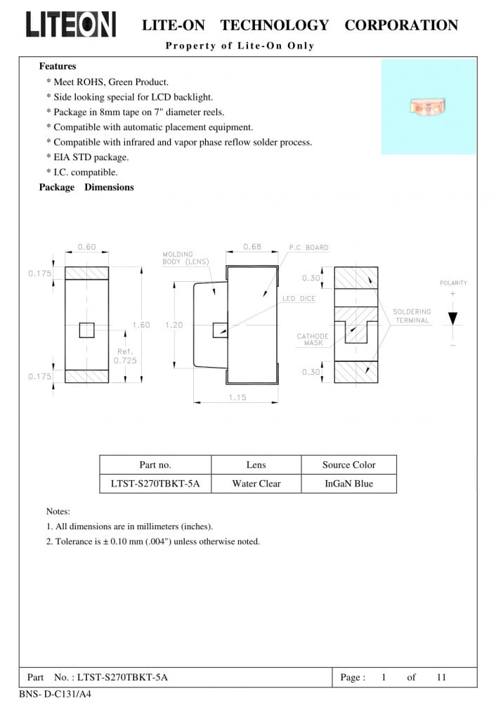 LTST-S270TBKT-5A datasheet page 1