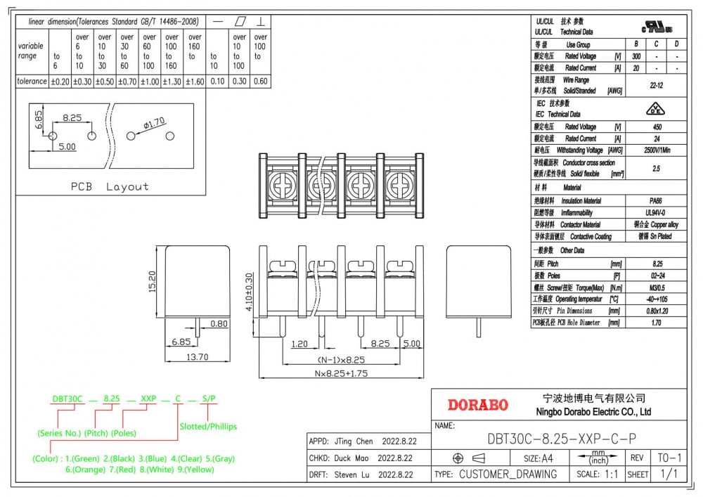 DORABO DBT30C terminal block technical drawing