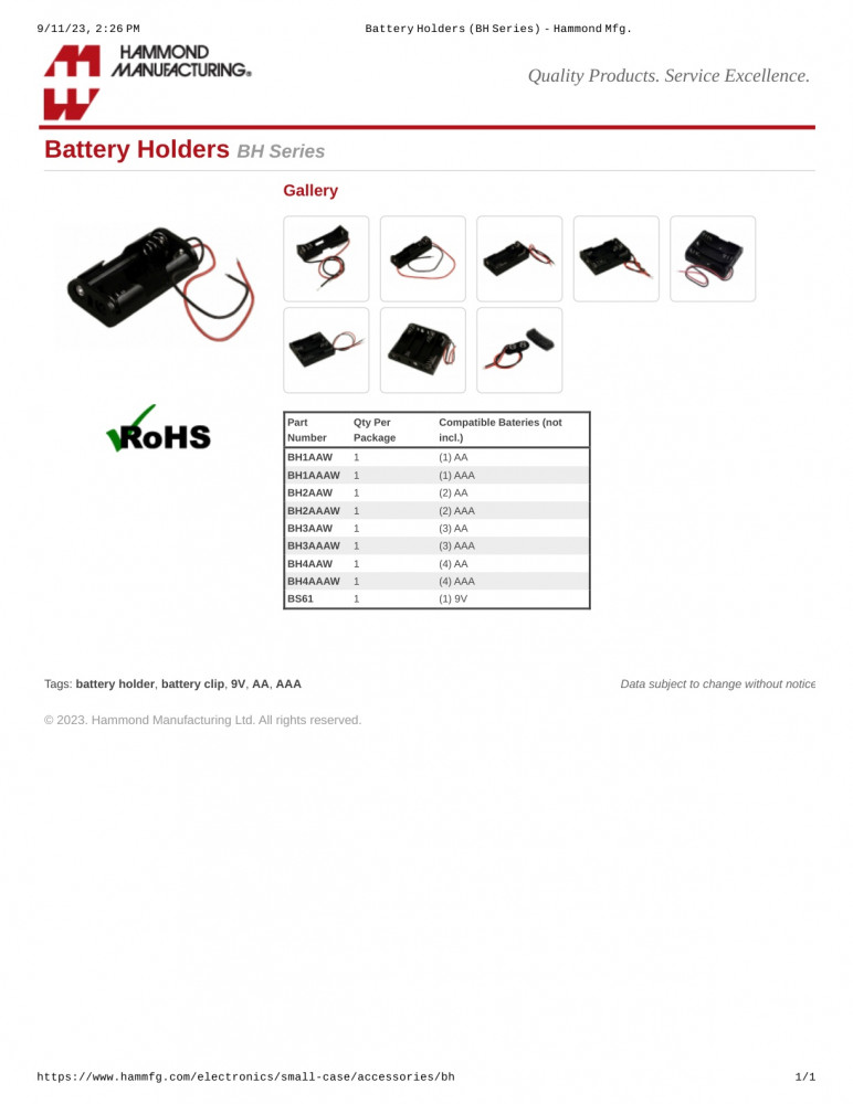 Hammond BH Series battery holder technical document