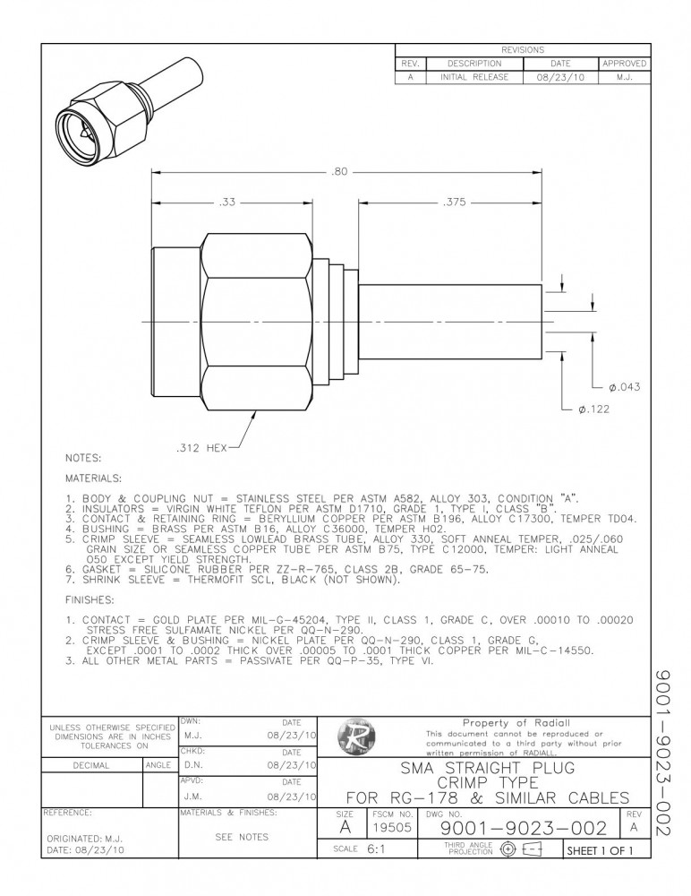 Radiall 9001-9023-002 SMA straight plug drawing