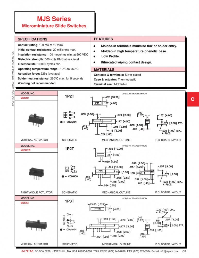 APEM MJS series datasheet page 1